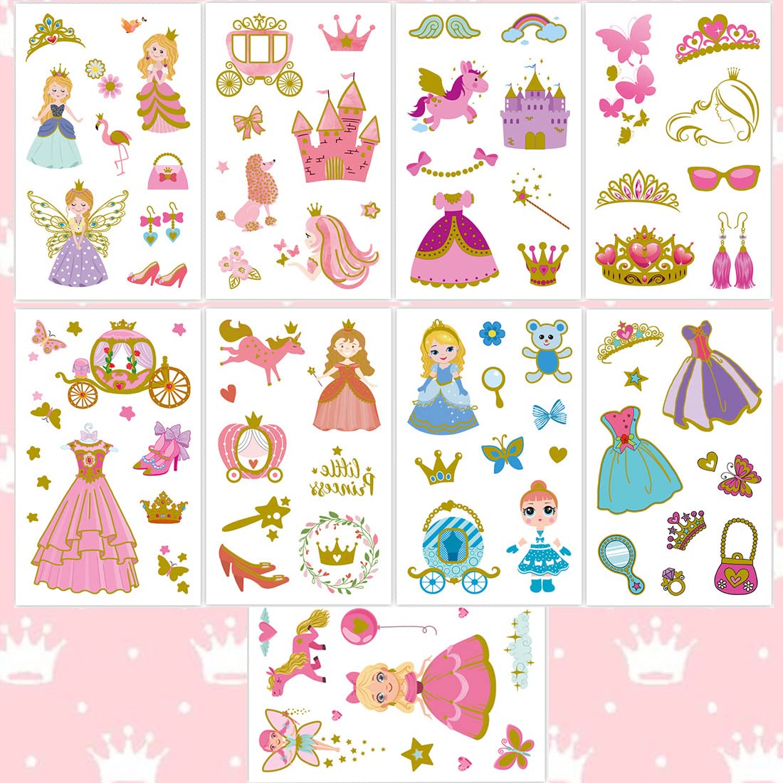 Ooopsiun Glitter Princess Temporary Tattoos for Girls - 70 Gold Glitter Styles, Princess Birthday Party Decorations Supplies Favors for Gilrs Kids