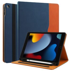 for ipad 9th/8th/7th generation case 2021/2020/2019 10.2 inch case with built-in pencil holder, folio stand cover with multiple angles & auto sleep/wake for ipad 10.2 inch 9/8/7 gen, navy blue/brown