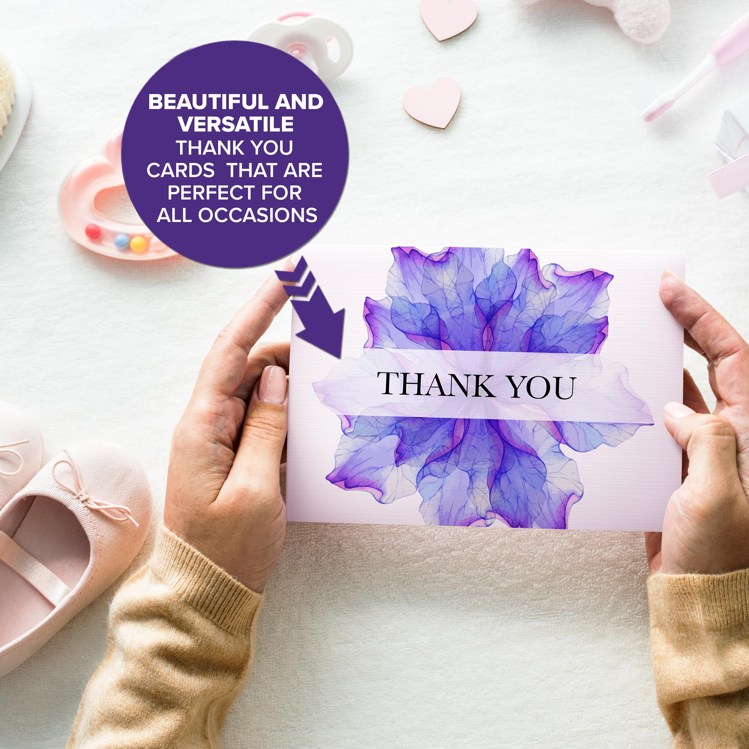 Decorably Thank You Cards with Envelopes & Stickers, Floral-Themed Cards - 24 Purple Thank You Cards with Envelopes Purple, Blank Inside Thank You Cards Purple Thank You Notes, 6x4in Purple Cards