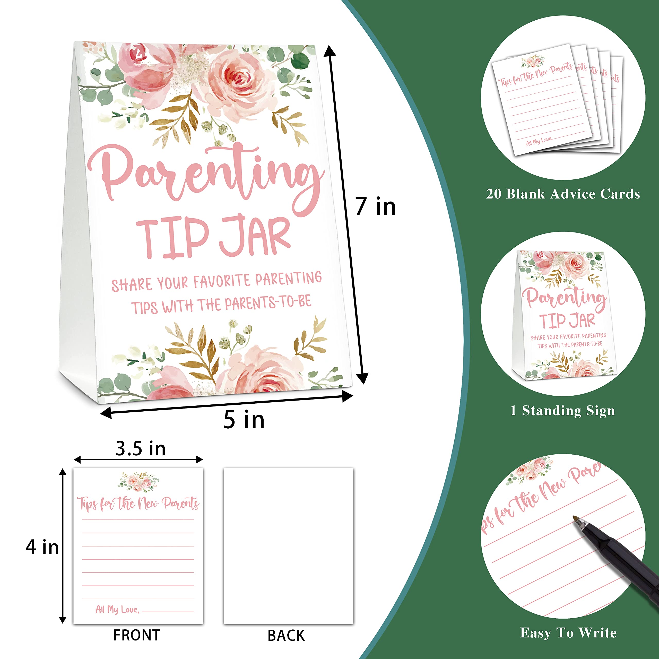 Baby Shower Game Set, Parenting Tip Jar Party Games(1 Standing Sign + 20 Advice Cards), Floral Blank Advice Cards for New Parents, Blush Pink Baby Shower/Gender Reveal Party Favor Decor(A02)