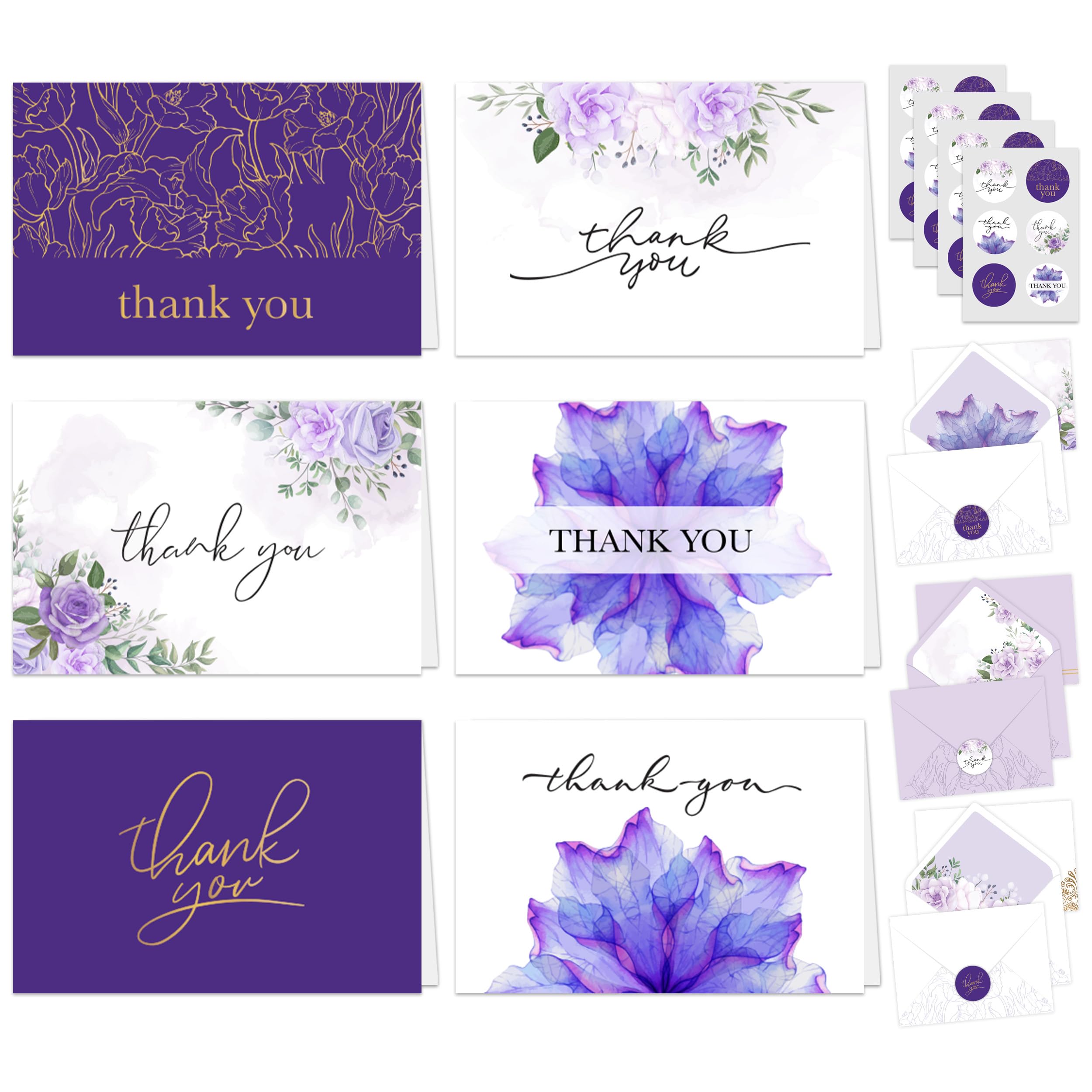 Decorably Thank You Cards with Envelopes & Stickers, Floral-Themed Cards - 24 Purple Thank You Cards with Envelopes Purple, Blank Inside Thank You Cards Purple Thank You Notes, 6x4in Purple Cards