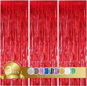 toniful 3pcs red door streamers,red photo booth backdrop metallic streamers red foil fringe curtains for birthday,christmas,new year,bachelorette,graduation party streamers decor(9.9ft x 8.2ft)