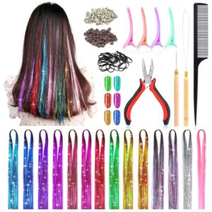 mckanti 14 colors hair tinsel kit with tool, 47 inch 2800 strands extensions for women girls, fairy glitter sparkling shiny colorful synthetic party daily life fashion