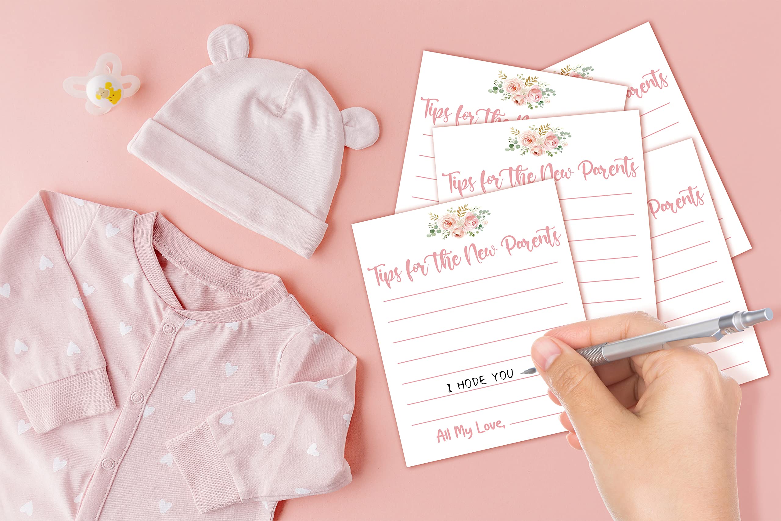 Baby Shower Game Set, Parenting Tip Jar Party Games(1 Standing Sign + 20 Advice Cards), Floral Blank Advice Cards for New Parents, Blush Pink Baby Shower/Gender Reveal Party Favor Decor(A02)