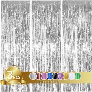 toniful 3pcs silver door streamers,silver photo booth backdrop metallic streamers silver foil fringe curtains for birthday,christmas,new year,bachelorette,grad party streamers decor(9.9ft x 8.2ft)