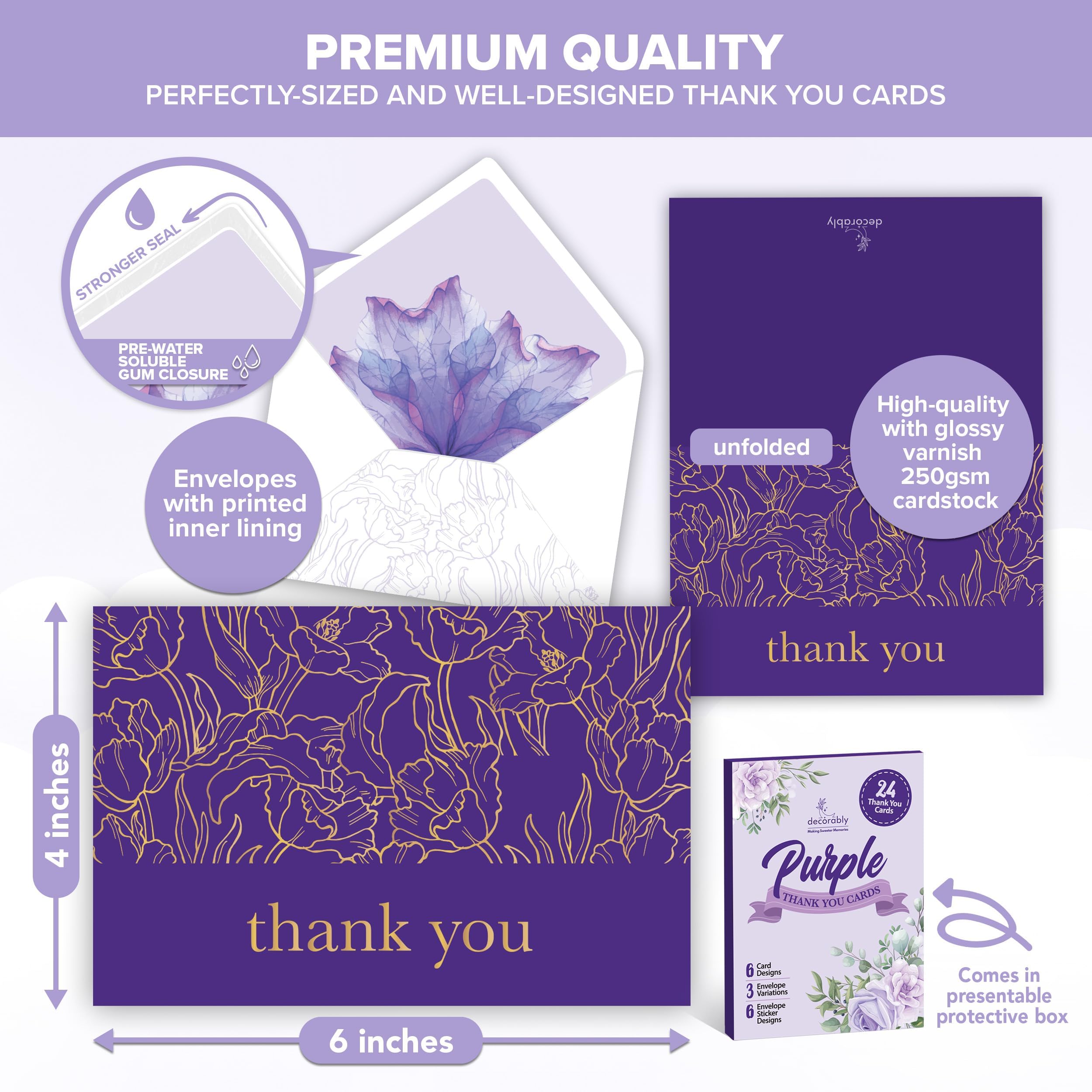 Decorably Thank You Cards with Envelopes & Stickers, Floral-Themed Cards - 24 Purple Thank You Cards with Envelopes Purple, Blank Inside Thank You Cards Purple Thank You Notes, 6x4in Purple Cards