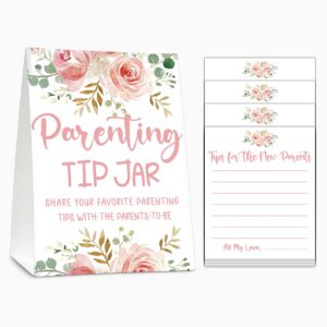 baby shower game set, parenting tip jar party games(1 standing sign + 20 advice cards), floral blank advice cards for new parents, blush pink baby shower/gender reveal party favor decor(a02)