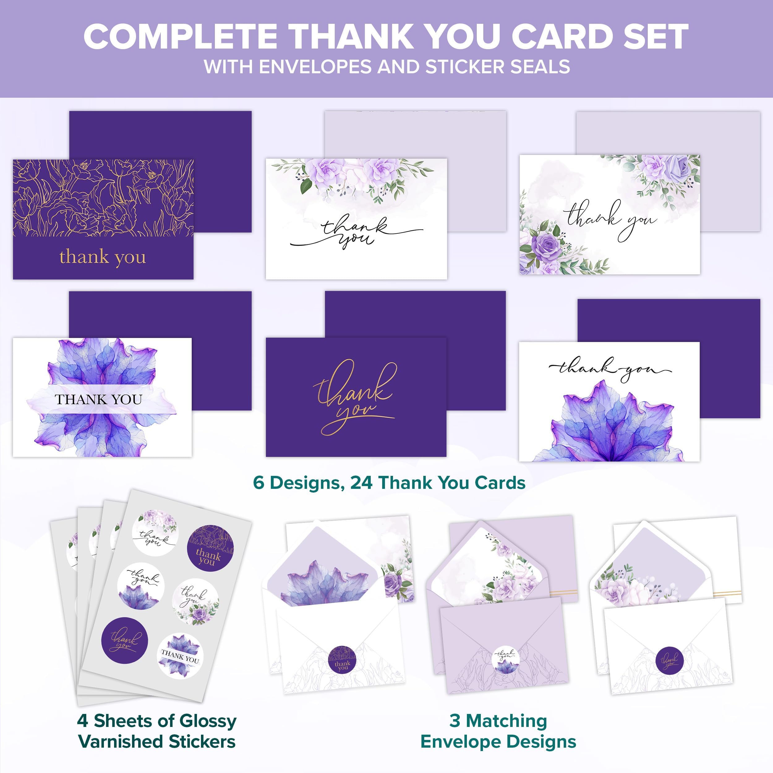 Decorably Thank You Cards with Envelopes & Stickers, Floral-Themed Cards - 24 Purple Thank You Cards with Envelopes Purple, Blank Inside Thank You Cards Purple Thank You Notes, 6x4in Purple Cards