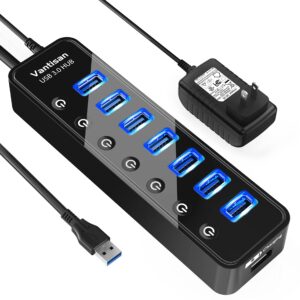 vantisan usb hub 3.0 powered, 7 ports usb data hub splitter with one smart charging port and 5v/4a powered adapter and on/off switches for macbook, mac pro/mini, imac, surface pro laptop/pc