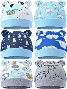 6 pieces newborn baby hat bear ears infant caps baby boy girl toddler hats infant beanie caps for 0-3 months (gray, blue, white, dark blue,cool)