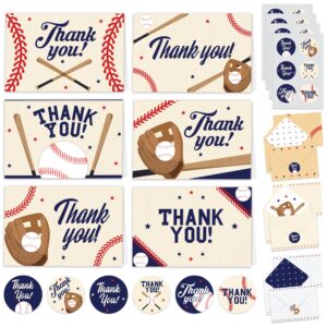 decorably baseball thank you cards, 24pcs greeting card with 6 designs, blank inside, 6x4 inch, matching envelopes & stickers, perfect for birthday, coach, father's day, kid thank you cards