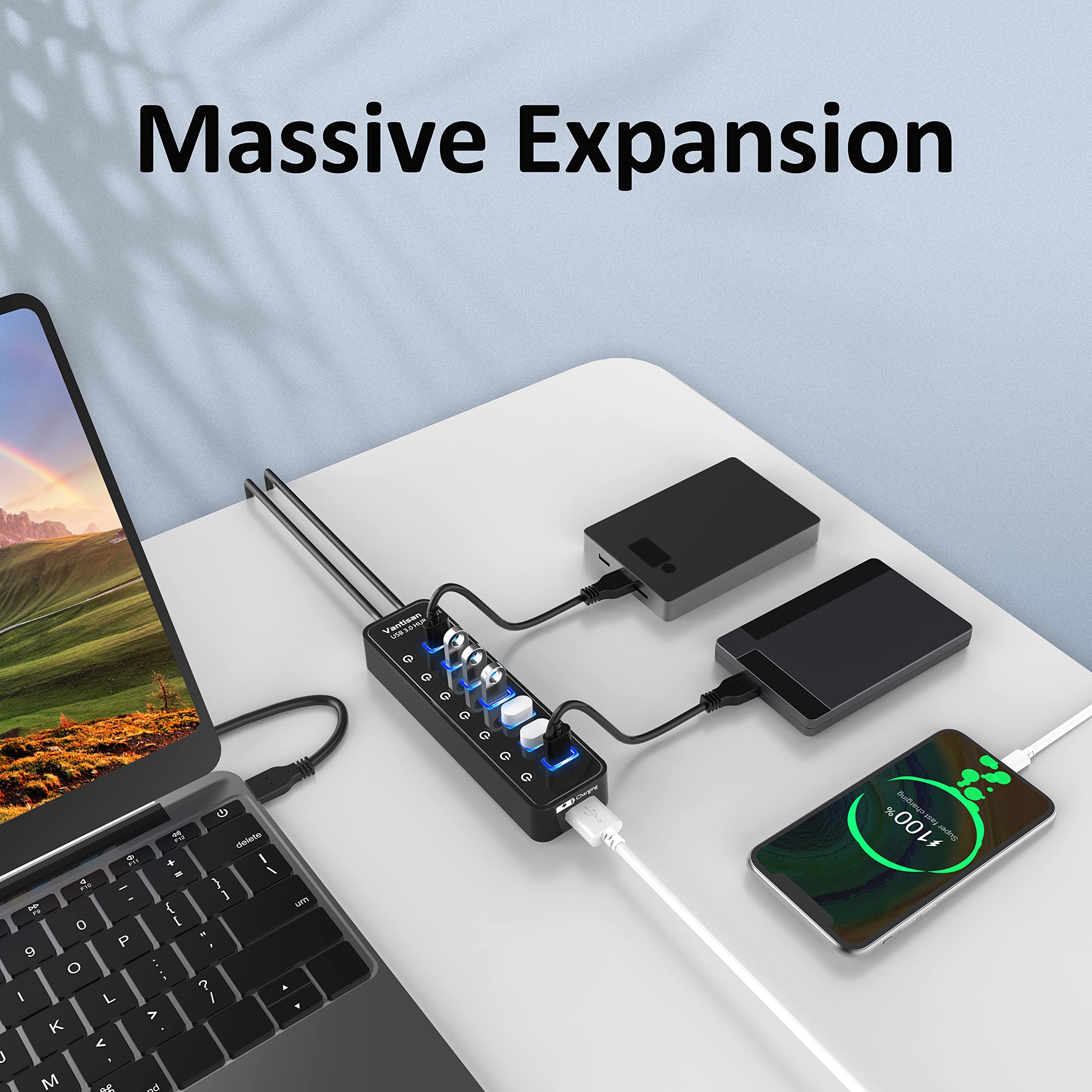 vantisan USB Hub 3.0 Powered, 7 Ports USB Data Hub Splitter with One Smart Charging Port and 5V/4A Powered Adapter and ON/Off Switches for MacBook, Mac Pro/Mini, iMac, Surface Pro Laptop/PC