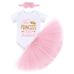 newborn coming home from hospital outfit: the princess has arrived baby girl romper tulle tutu skirt headband 1st birthday cake smash photoshoot new born infant girls clothes full set pink 0-3 months