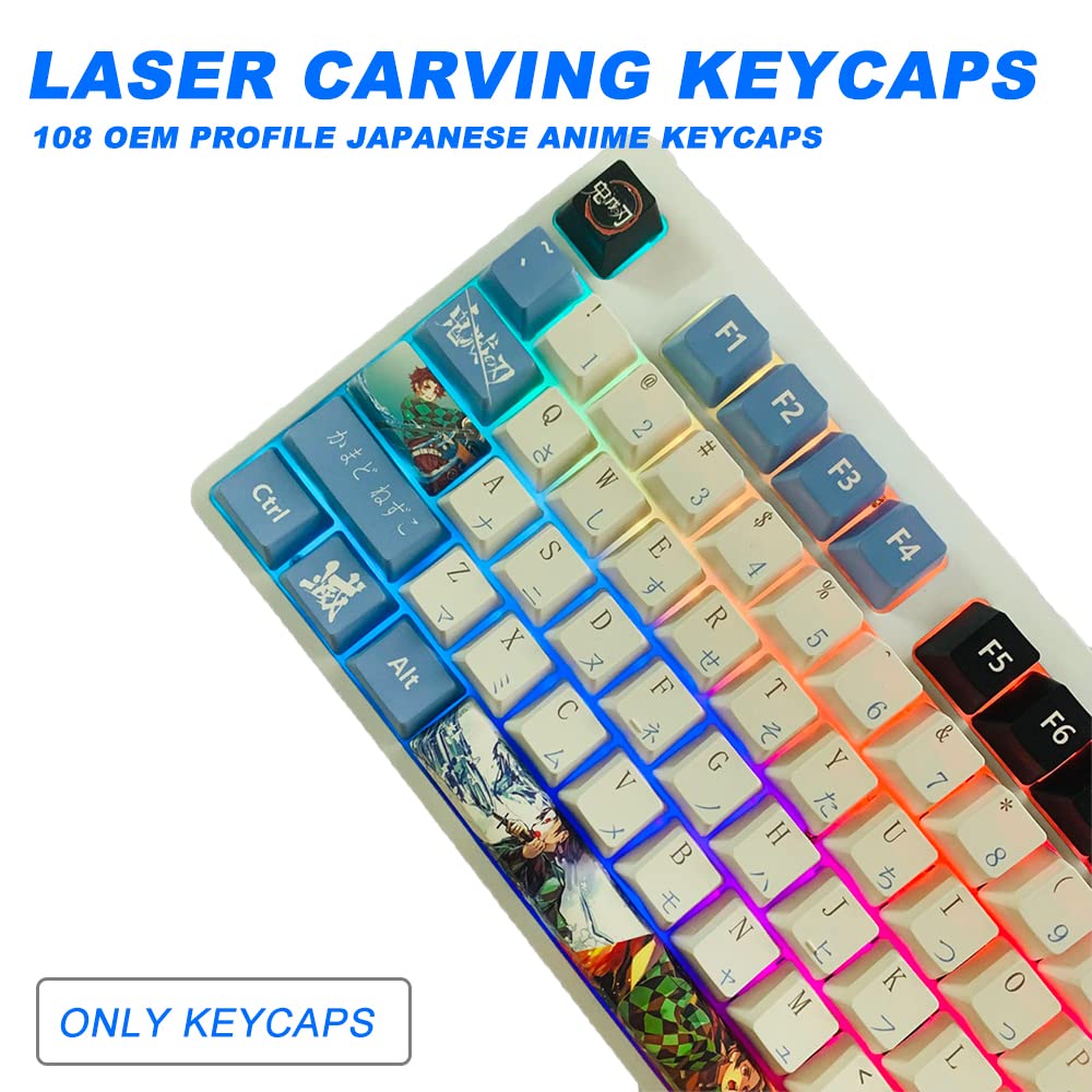 Japanese Anime Demon Slayer Keycaps 108 PBT Dye Sublimation OEM Profile for Cherry Mx Gateron Kailh Switch Mechanical Keyboard Colorful (Only keycaps)