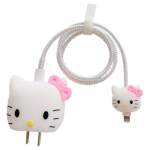 3d cute cartoon wall charger protector case - compatible for apple 20w usb-c power adapter and lightning cable (white kitty)