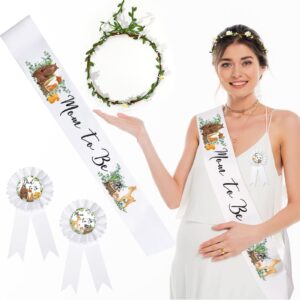 4 Pieces Mom to Be Sash for Woodland, Baby Shower Sash Mom to Be Corsage with Sage Green Leaf Crown Dad to Be Corsage Set Woodland Theme Baby Shower Party Favors for Gender Reveal (White Flower)