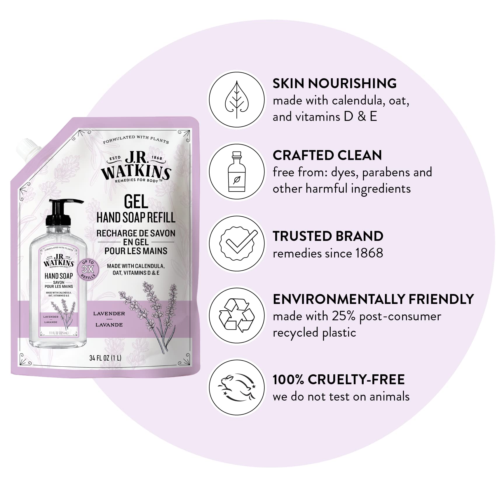 J.R. Watkins Gel Hand Soap Refill, Moisturizing Hand Wash, All Natural, Alcohol-Free, Cruelty-Free, USA Made, Lavender, 34 Fl Oz (Pack of 3)