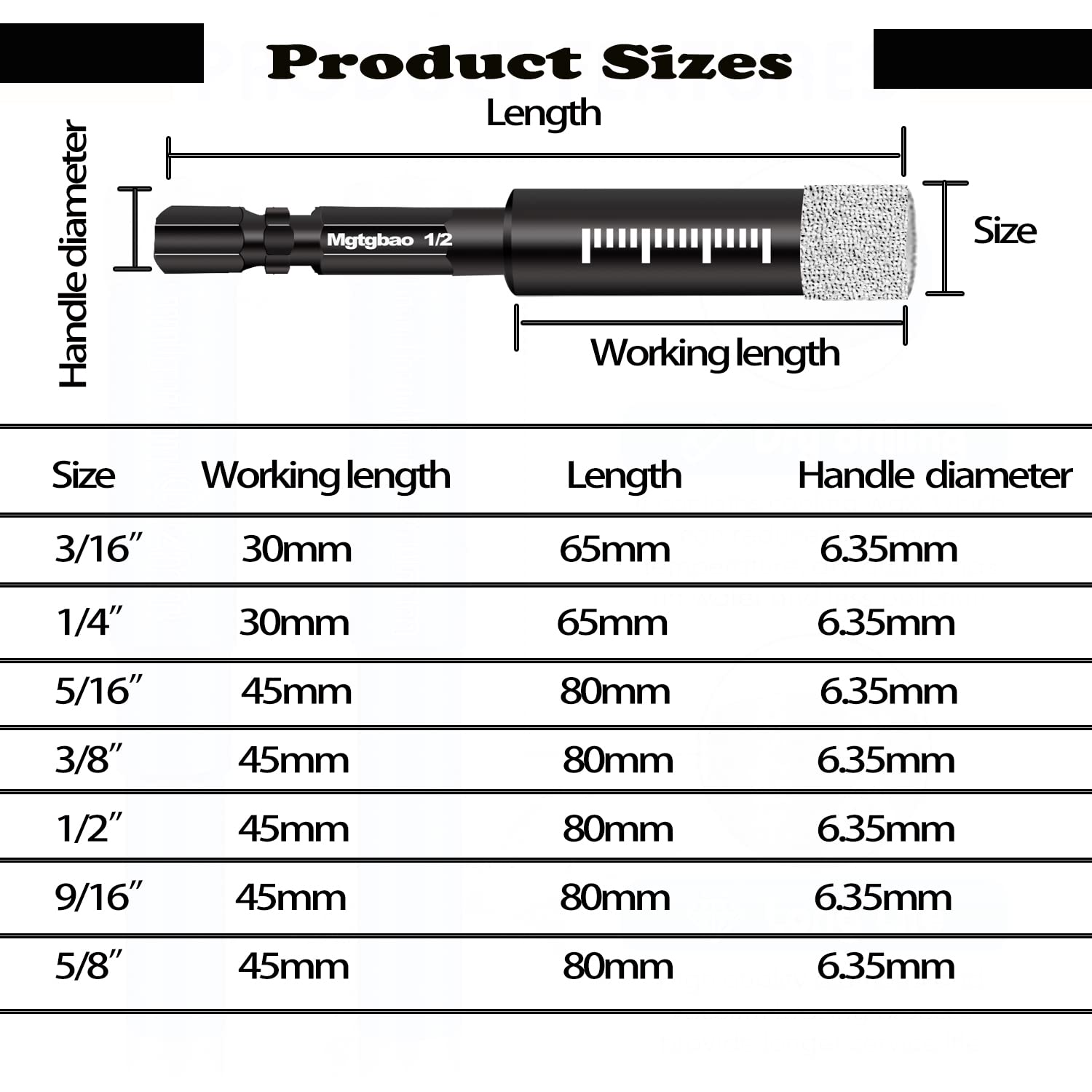 Mgtgbao 7PCS Dry Diamond Drill Bits Set, Core Drill bit for Granite Marble Tile Ceramic Stone Glass Diamond Hole Saw Kit with 3/16,1/4, 5/16, 3/8, 1/2, 9/16, 5/8