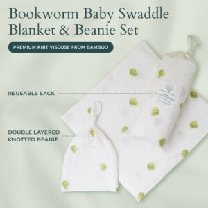 bookworm baby Unisex Swaddle Blanket | Large Premium Knit Viscose Made from Bamboo | Infant Wrap, Receiving Blanket & Beanie Set | Baby Shower Newborn Gift, Registry - Basil