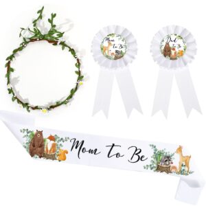 4 pieces mom to be sash for woodland, baby shower sash mom to be corsage with sage green leaf crown dad to be corsage set woodland theme baby shower party favors for gender reveal (white flower)