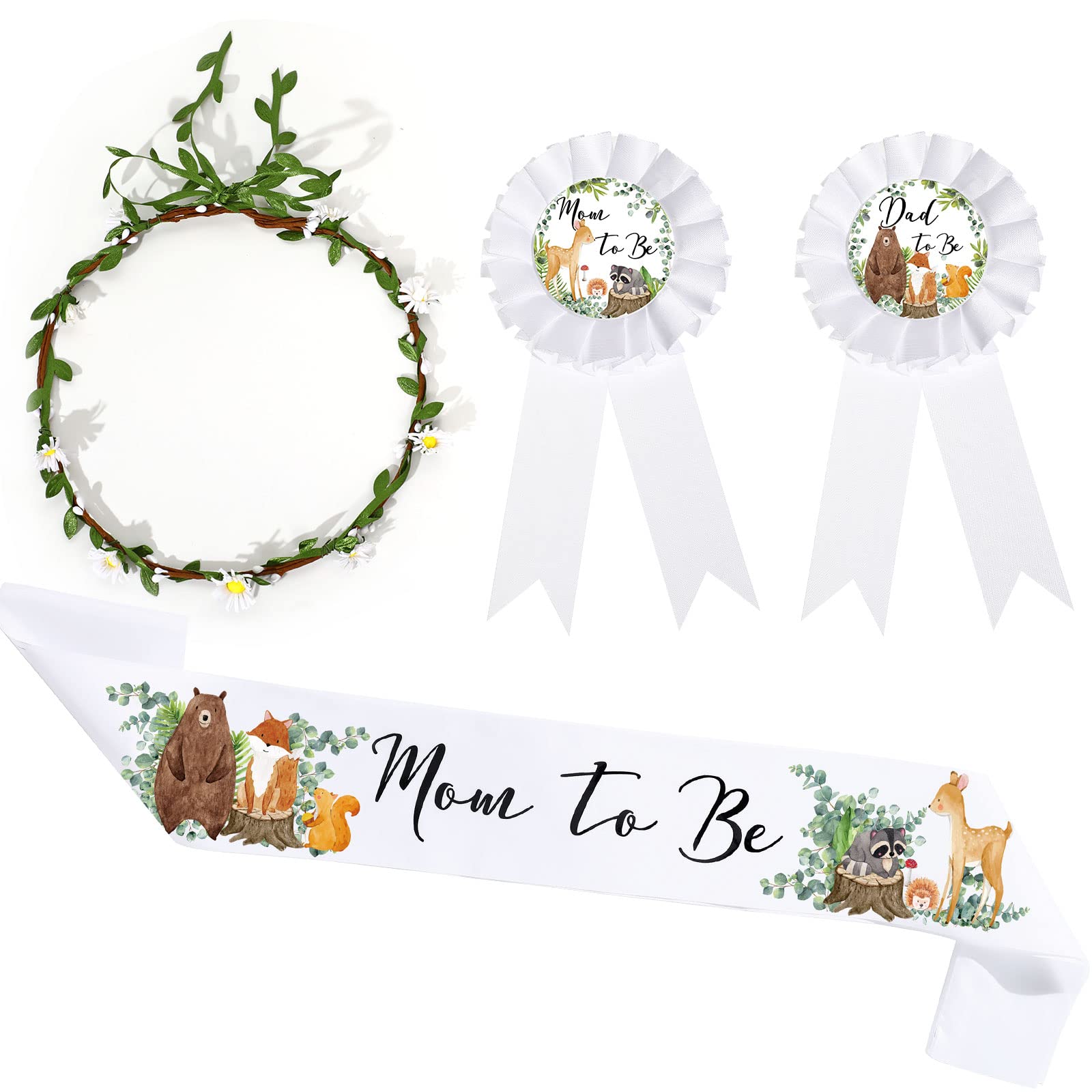 4 Pieces Mom to Be Sash for Woodland, Baby Shower Sash Mom to Be Corsage with Sage Green Leaf Crown Dad to Be Corsage Set Woodland Theme Baby Shower Party Favors for Gender Reveal (White Flower)