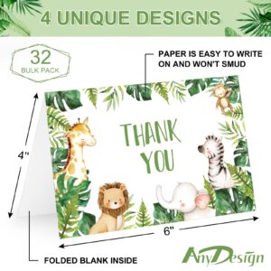 AnyDesign 32 Safari Jungle Thank You Cards with Envelopes Stickers Forest Wild Animals Greenery Greeting Note Cards Gratitude Card Pack for Kids Baby Girls Boy Birthday Baby Shower Party Supplies