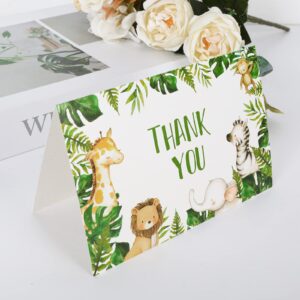 AnyDesign 32 Safari Jungle Thank You Cards with Envelopes Stickers Forest Wild Animals Greenery Greeting Note Cards Gratitude Card Pack for Kids Baby Girls Boy Birthday Baby Shower Party Supplies