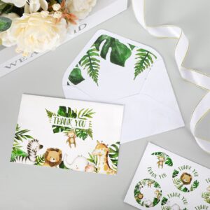 AnyDesign 32 Safari Jungle Thank You Cards with Envelopes Stickers Forest Wild Animals Greenery Greeting Note Cards Gratitude Card Pack for Kids Baby Girls Boy Birthday Baby Shower Party Supplies