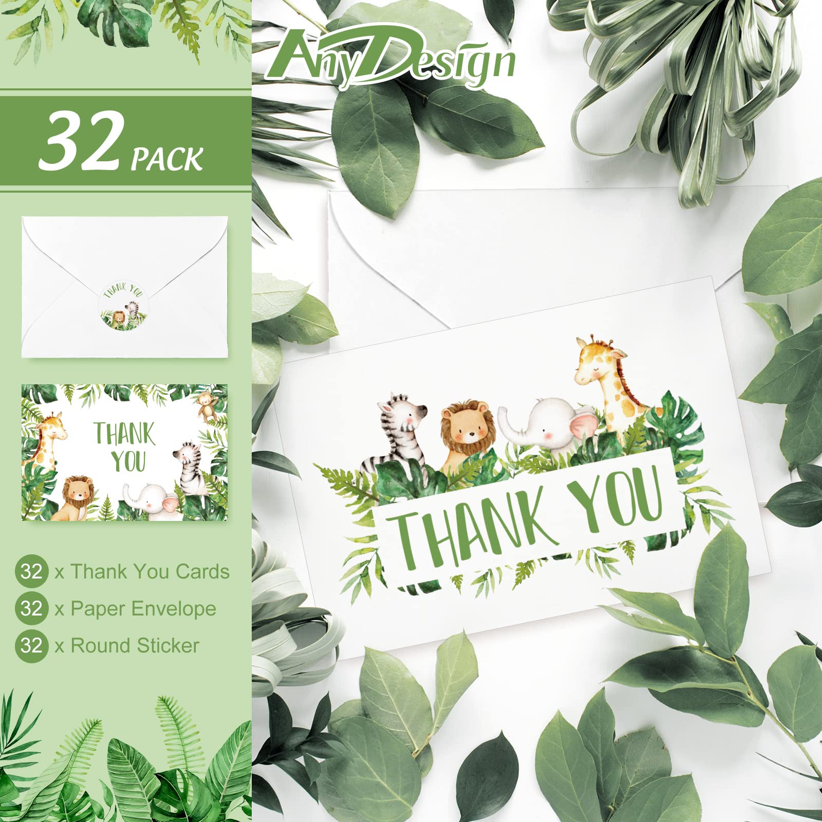 AnyDesign 32 Safari Jungle Thank You Cards with Envelopes Stickers Forest Wild Animals Greenery Greeting Note Cards Gratitude Card Pack for Kids Baby Girls Boy Birthday Baby Shower Party Supplies