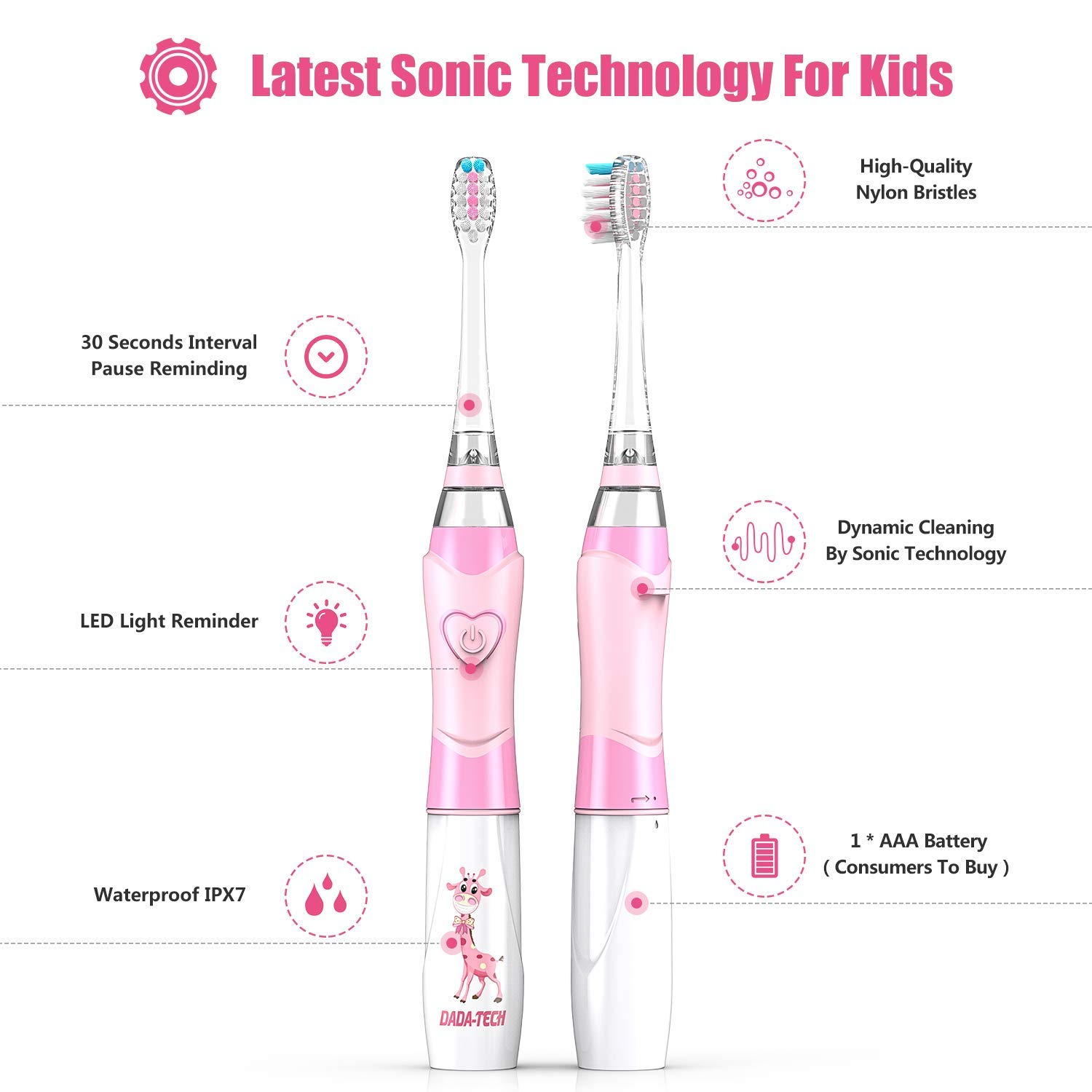 DADA-TECH Kids Electric Toothbrush, Soft Battery Tooth Brush with Timer (Pink+ Blue)