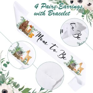 4 Pieces Mom to Be Sash for Woodland, Baby Shower Sash Mom to Be Corsage with Sage Green Leaf Crown Dad to Be Corsage Set Woodland Theme Baby Shower Party Favors for Gender Reveal (White Flower)