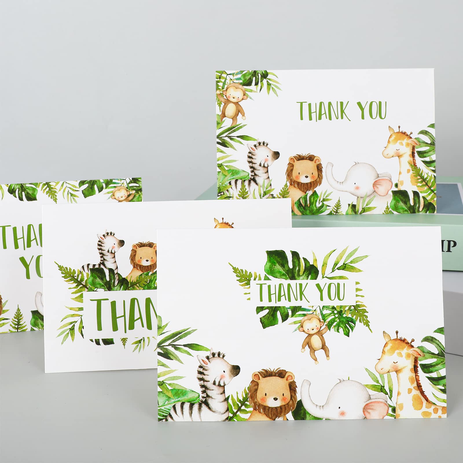 AnyDesign 32 Safari Jungle Thank You Cards with Envelopes Stickers Forest Wild Animals Greenery Greeting Note Cards Gratitude Card Pack for Kids Baby Girls Boy Birthday Baby Shower Party Supplies