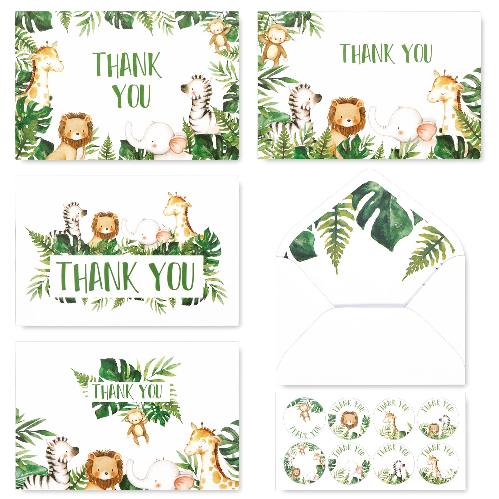 AnyDesign 32 Safari Jungle Thank You Cards with Envelopes Stickers Forest Wild Animals Greenery Greeting Note Cards Gratitude Card Pack for Kids Baby Girls Boy Birthday Baby Shower Party Supplies