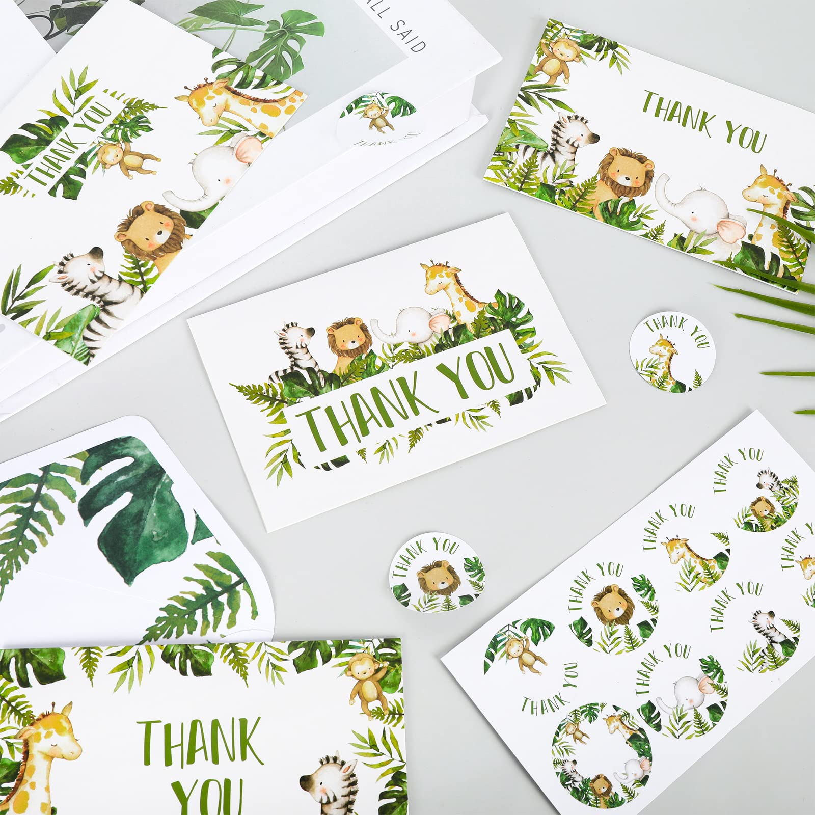 AnyDesign 32 Safari Jungle Thank You Cards with Envelopes Stickers Forest Wild Animals Greenery Greeting Note Cards Gratitude Card Pack for Kids Baby Girls Boy Birthday Baby Shower Party Supplies