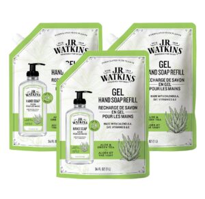 j.r. watkins gel hand soap refill, moisturizing hand wash, all natural, alcohol-free, cruelty-free, usa made, aloe green tea, 34 fl oz, 3 pack