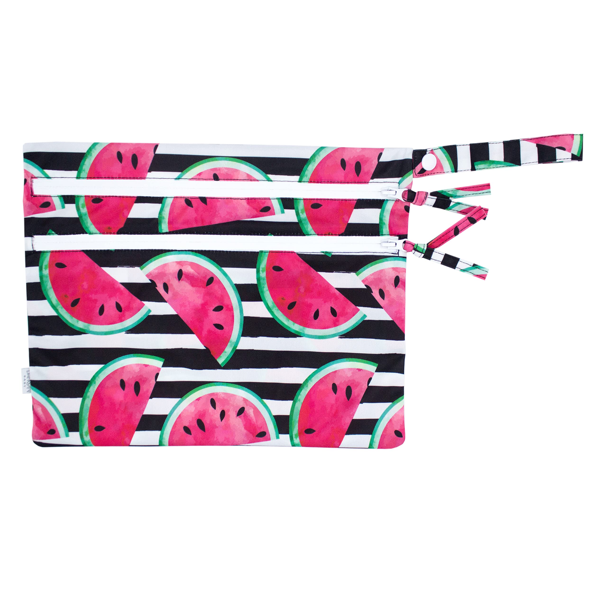 BapronBaby Summer Stripes Watermelon Wet Dry Bag - Waterproof Two Zipper Pockets - Reusable for Mealtime, Diapers, Stroller, Snacks, Swimsuits - Machine Washable - 11" x 9"