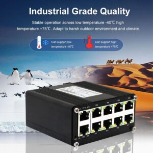 Mini Industrial Switch 10 Ports Gigabit Switch Hardened 10 Port RJ45 10/100/1000Mbps Ethernet Switch Din Rail Mount Outdoor Ethernet Switch, Unmanaged Network Switch (-40 to 176°F) with 12-48V DC