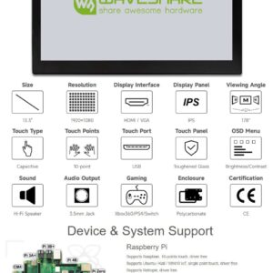 waveshare 13.3inch Capacitive Touch Screen LCD V2 with Case Compatible with Raspberry Pi 4B/3B+/3A+/2B/B+/A+/Zero/Zero W/WH/Zero 2W CM3+/4 1920×1080 Resolution HDMI IPS Supports Jetson Nano/Windows