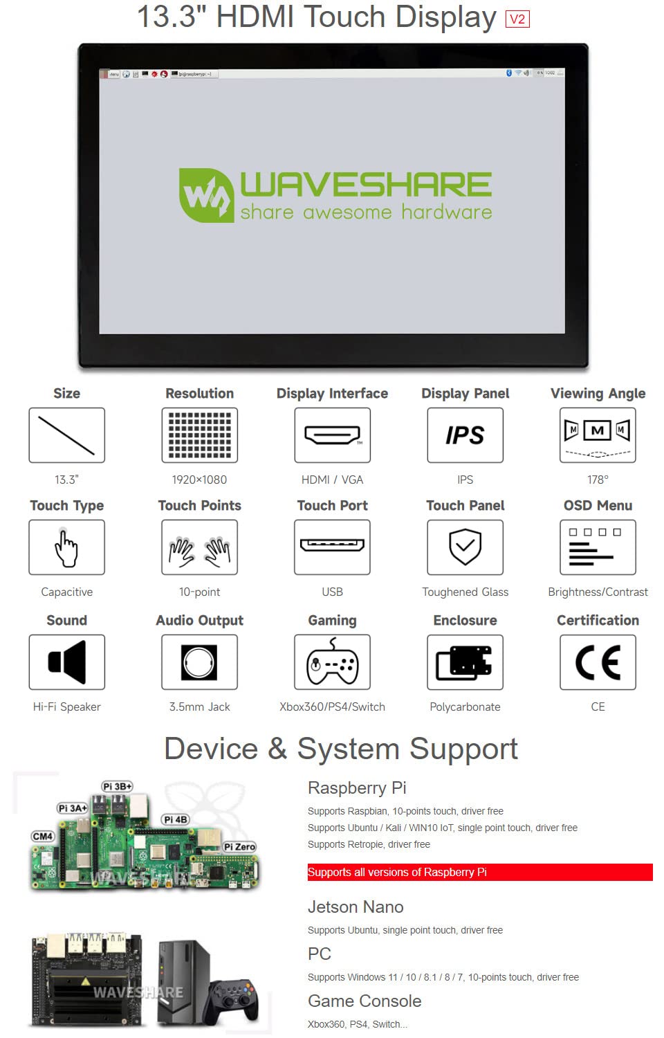 waveshare 13.3inch Capacitive Touch Screen LCD V2 with Case Compatible with Raspberry Pi 4B/3B+/3A+/2B/B+/A+/Zero/Zero W/WH/Zero 2W CM3+/4 1920×1080 Resolution HDMI IPS Supports Jetson Nano/Windows