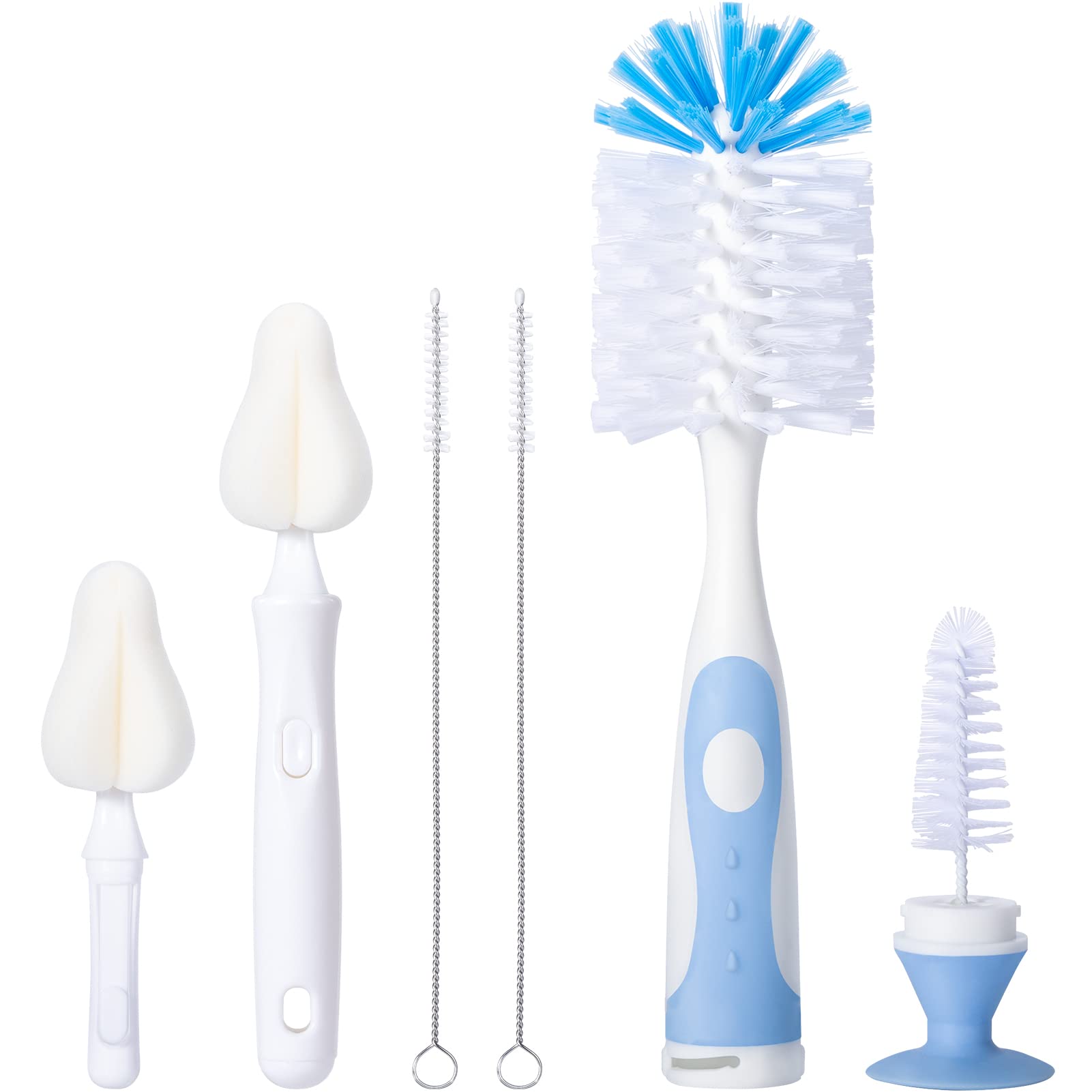 CAREBABYMORE Baby Bottle Brush Set with Nipple Cleaner and Suction, 10.2" Cleaning Brush and 6.5" Sponge Bottle Brush with A Replacement Brush Head and Two 6.7" Straw Brushes, Pack of 5 (Blue)