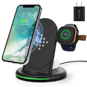 kojacmur 3 in 1 charger for fitbit sense/sense 2/fitbit versa 3/versa 4,wireless charging station compatible for iphone 13/14 pro max/12/11/8, for samsung galaxy s22+ s22, for airpods pro/3（black）