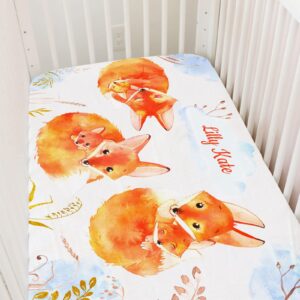 Noverbibi Watercolor Fox Crib Sheets - Personalized Baby Crib Mattress Sheet with Name, Custom Fitted Crib Sheet for Boys Girls Kids, Portable/Mini-Crib Sheet, Mini Crib Sheet | Name Crib Sheets