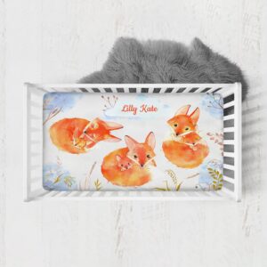 noverbibi watercolor fox crib sheets - personalized baby crib mattress sheet with name, custom fitted crib sheet for boys girls kids, portable/mini-crib sheet, mini crib sheet | name crib sheets