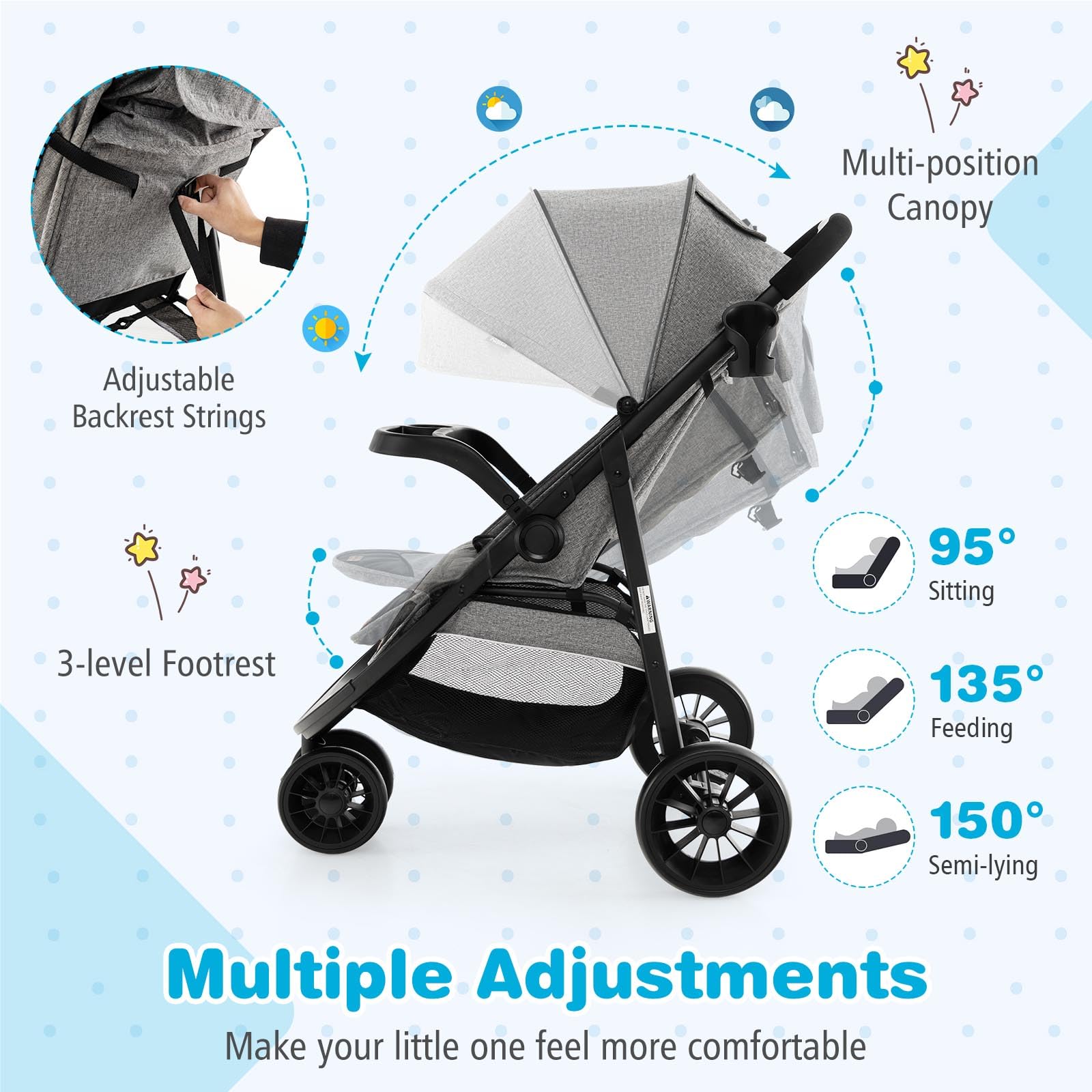 BABY JOY Jogging Stroller, Jogger Travel System with 5-Point Safety Harness, Adjustable Canopy/Backrest/Footrest, Storage Basket & Pocket, Lightweight Baby Stroller for Newborn Toddlers (Gray)