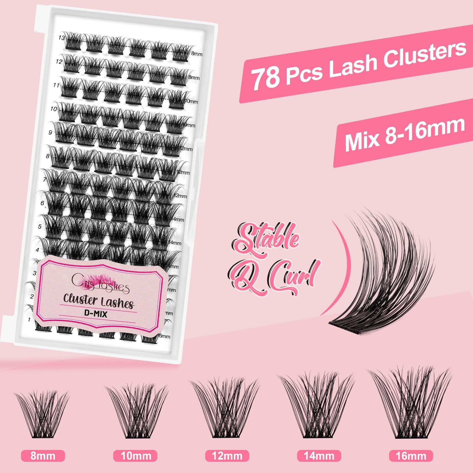 DIY Eyelash Extensions 78pcs Crislashes Mixed Eyelash Clusters 8-16mm D Curl Volume DIY Cluster Eyelash Extensions for Home Use(H-D Curl Mix8-16mm)