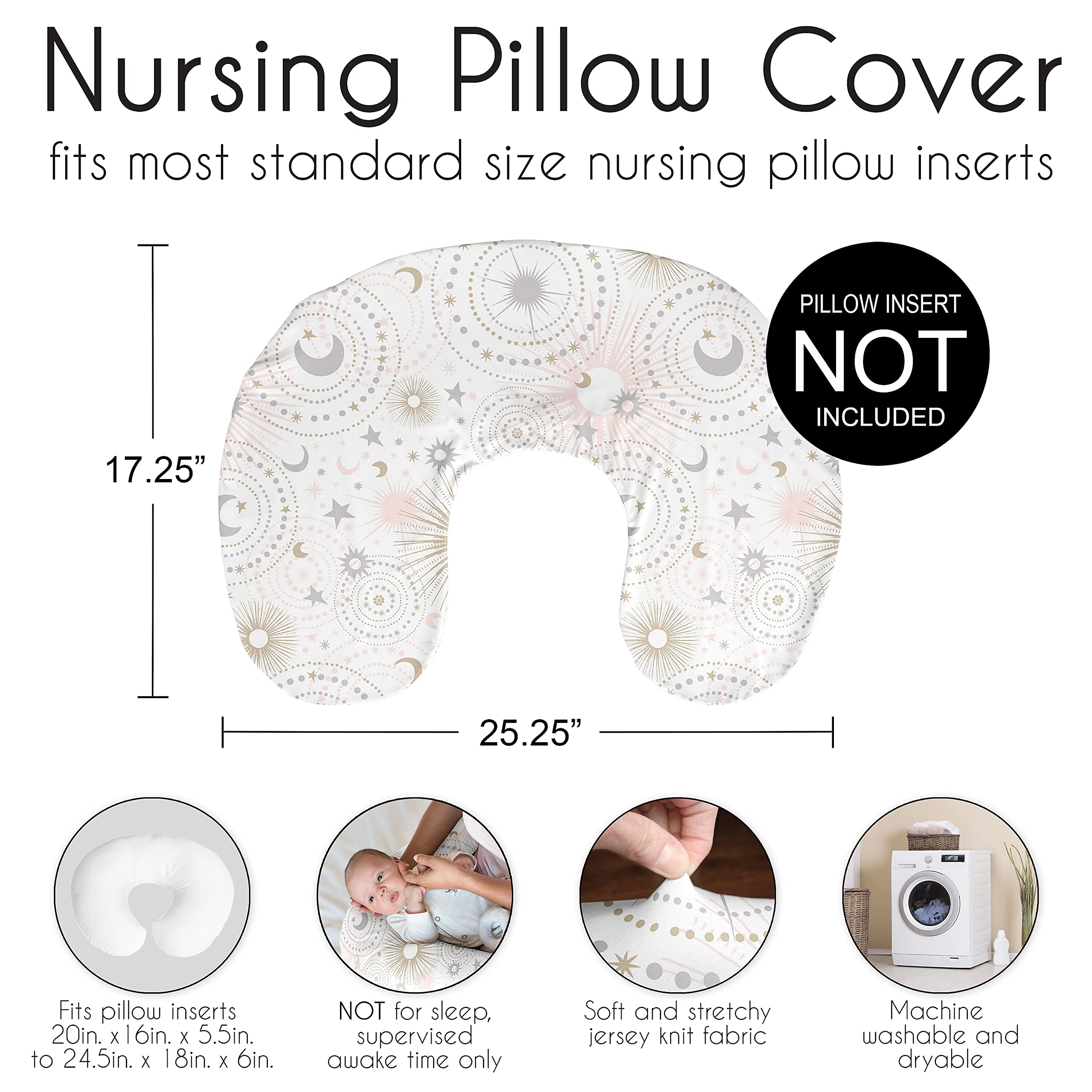 Sweet Jojo Designs Star and Moon Nursing Pillow Cover Breastfeeding Pillowcase for Newborn Infant Bottle or Breast Feeding (Pillow NOT Included) - Blush Pink Gold and Grey Celestial Sky Stars