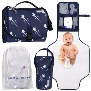 nastéri baby gear extra large portable baby changing pad with memory foam pillow & insulated bottle bag – waterproof portable baby changing station for girls & boys - navy