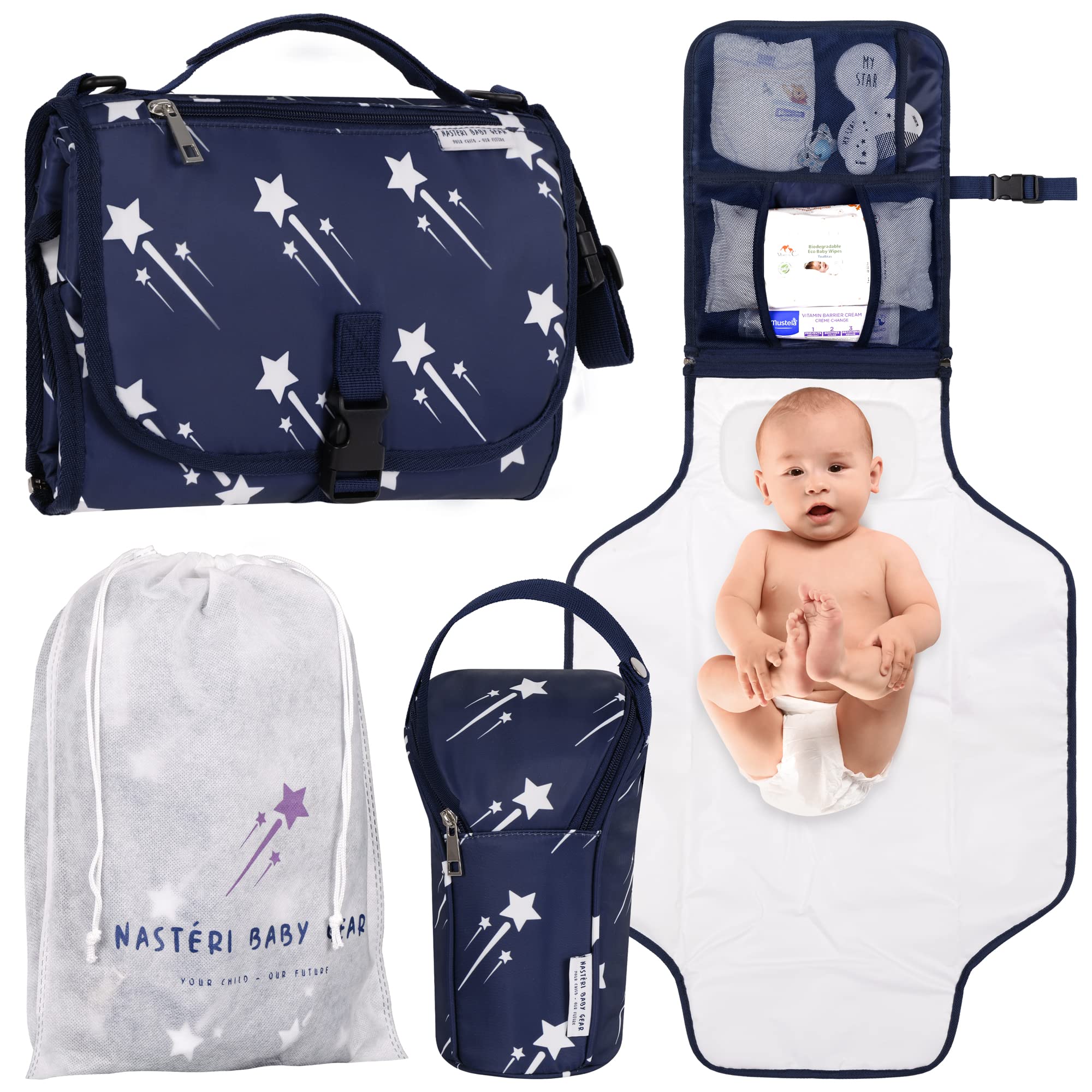 Nastéri Baby Gear Extra Large Portable Baby Changing Pad with Memory Foam Pillow & Insulated Bottle Bag – Waterproof Portable Baby Changing Station for Girls & Boys - Navy