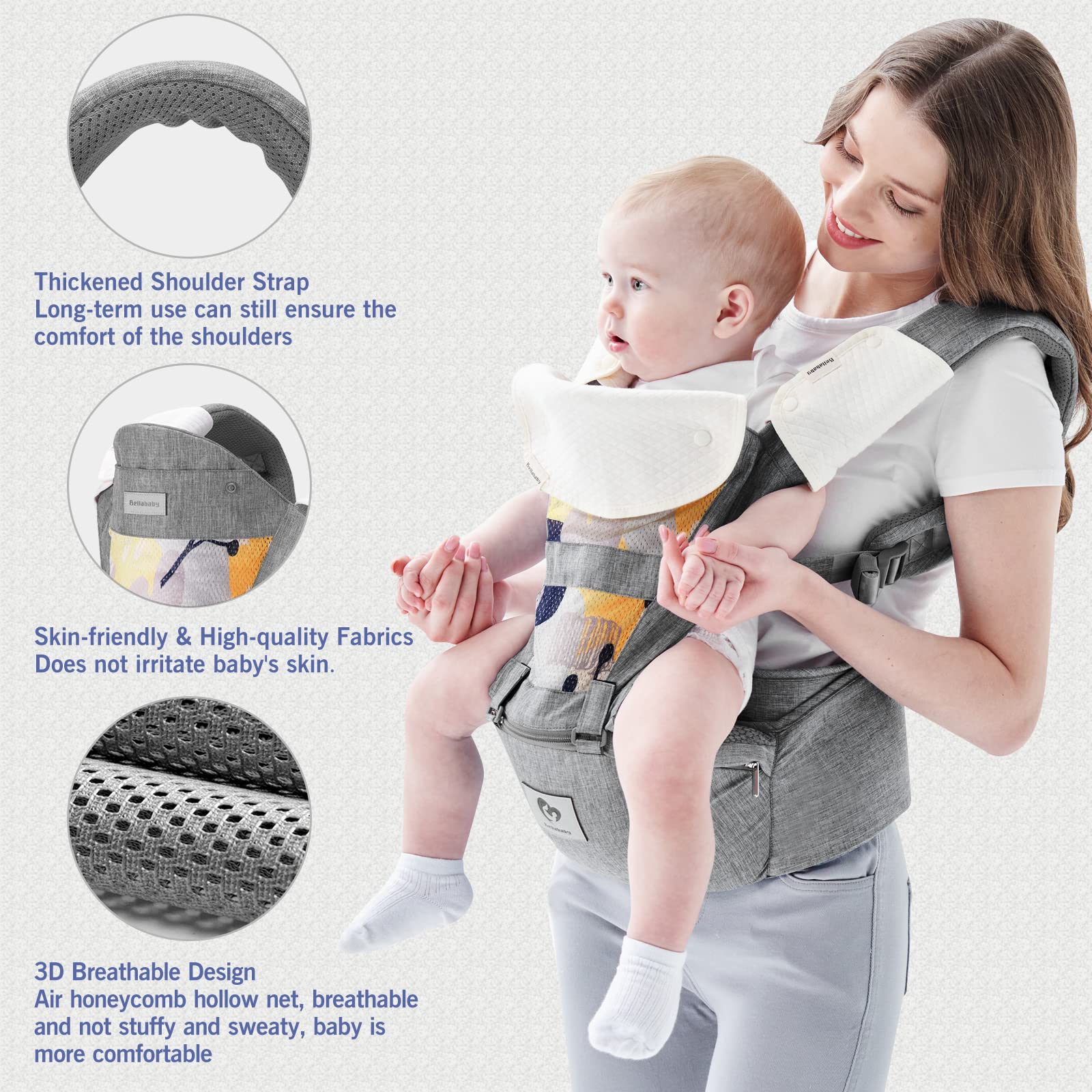 Baby Carrier, Bellababy Multifunction Baby Carrier Hip Seat (Ergonomic M Position) for 3-36 Month Baby, 6-in-1 Ways to Carry, All Seasons, Adjustable Size, Perfect for Shopping Travelling (Grey)