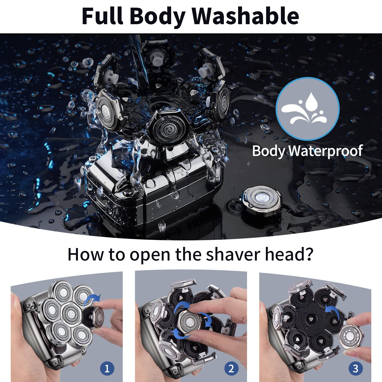 ROZIAPRO Bald Head Shavers for Men Waterproof Electric Rechargeable Balding Head Shaver Professional Anti-Pinch Shave Bald Head Wet&Dry Rotary Close Razor with Replaceable Grooming Shaving Heads